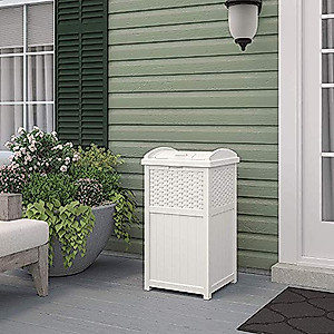 Suncast Wicker Resin Outdoor Hideaway Trash Can Bin with Latching Lid for Use in Backyard, Deck, or Patio, White (2 Pack)