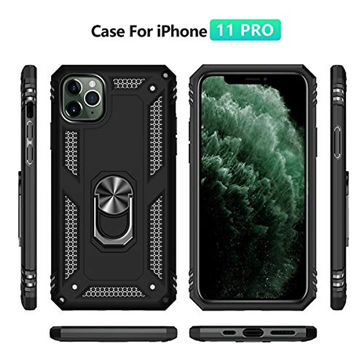 ADDIT Phone Case for iPhone 11 Pro,Military Grade Protective iPhone 11 Pro Cases Cover with Ring Car Mount Kickstand for iPhone 11 Pro - Black