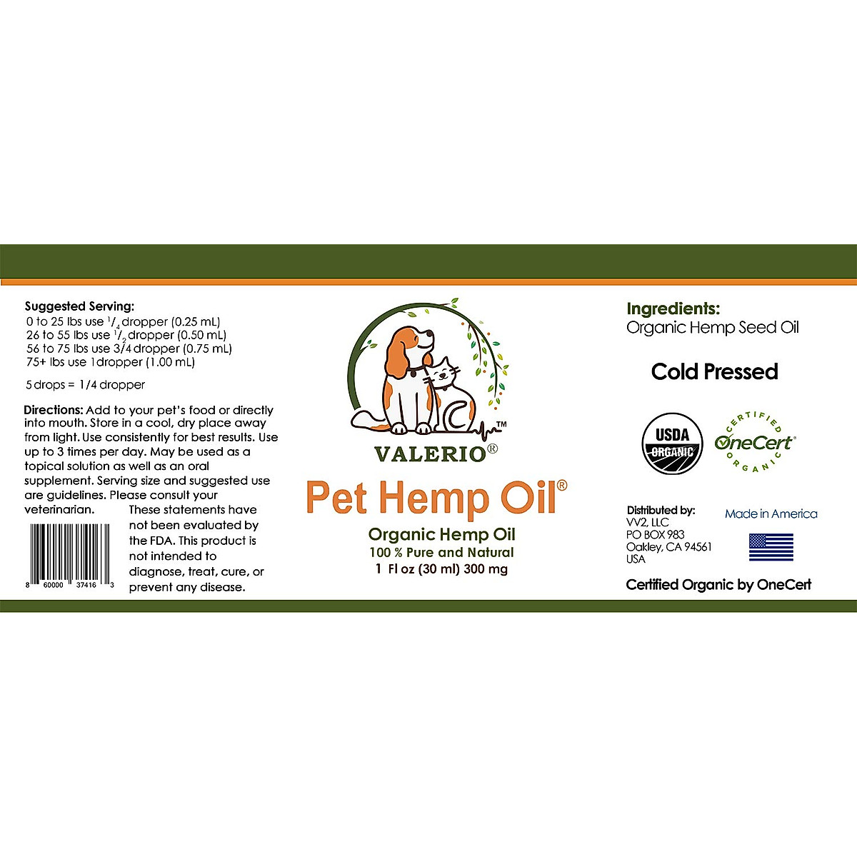 Valerio Pets Hemp Oil for Dogs and Cats - 1 Oz - Hemp Oil Drops with Omega Fatty Acids - Hip and Joint Support and Skin Health