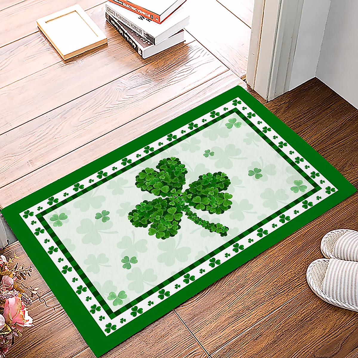 Door mat Shamrock Leaf Entrance Floor Mat Personalized Doormat Green Clovers Welcome Door Mat Low Profile Non Slip Entry Rugs for Bathroom Kitchen Home Front Decor16 x24