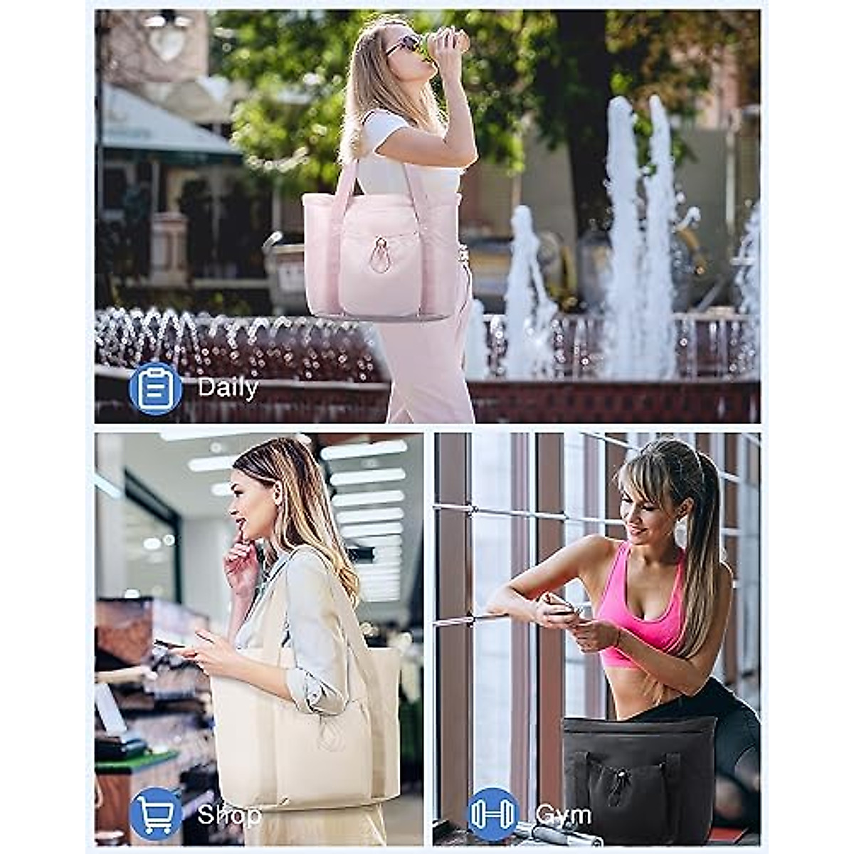 BAGSMART Women Foldable Tote Bag with Drawstring Storage Bag, Large Tote Bag Shoulder Bag Top Handle Handbag for Travel, Work, Beach, Gym, Shop, (Black)