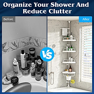 EliteCart Rust Proof Shower Caddy Corner Tension Pole – Adjustable Height (32-120 inch), 4 Tier Shelf Bathtub Organizers and Storage – Includes Towel Rack, Tooth Brush Holder and Suction Cups (White)