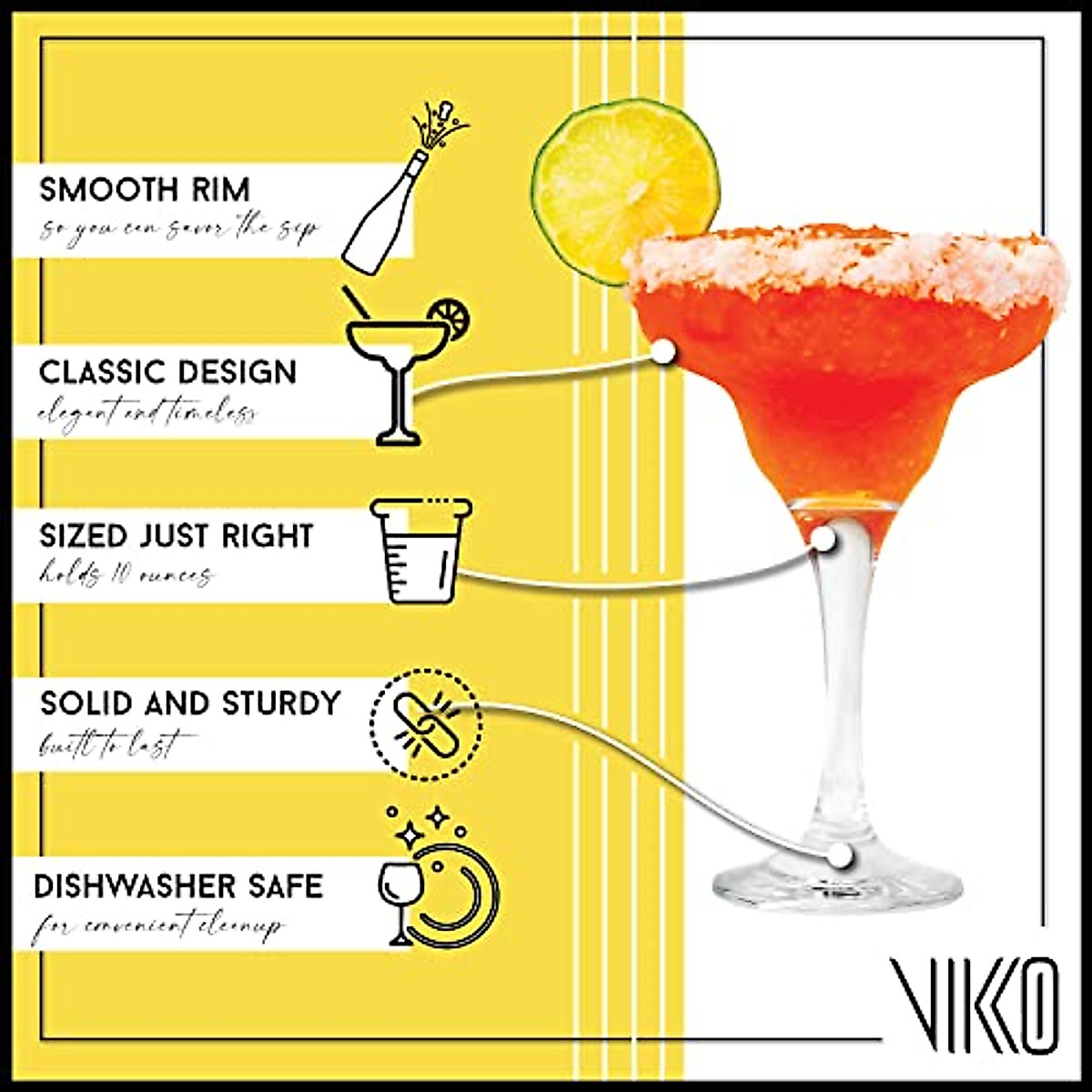 Vikko Margarita Glasses, 10 Ounce, Crystal Clear Set of 6 Margarita Glasses, Elegant Glassware for Margaritas, Pina Coladas and Cocktails