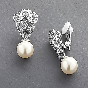 Mariell Vintage Art Deco Pearl Clip On Earrings for Wedding, Brides & Mother of Bride - CZ Pave Accent