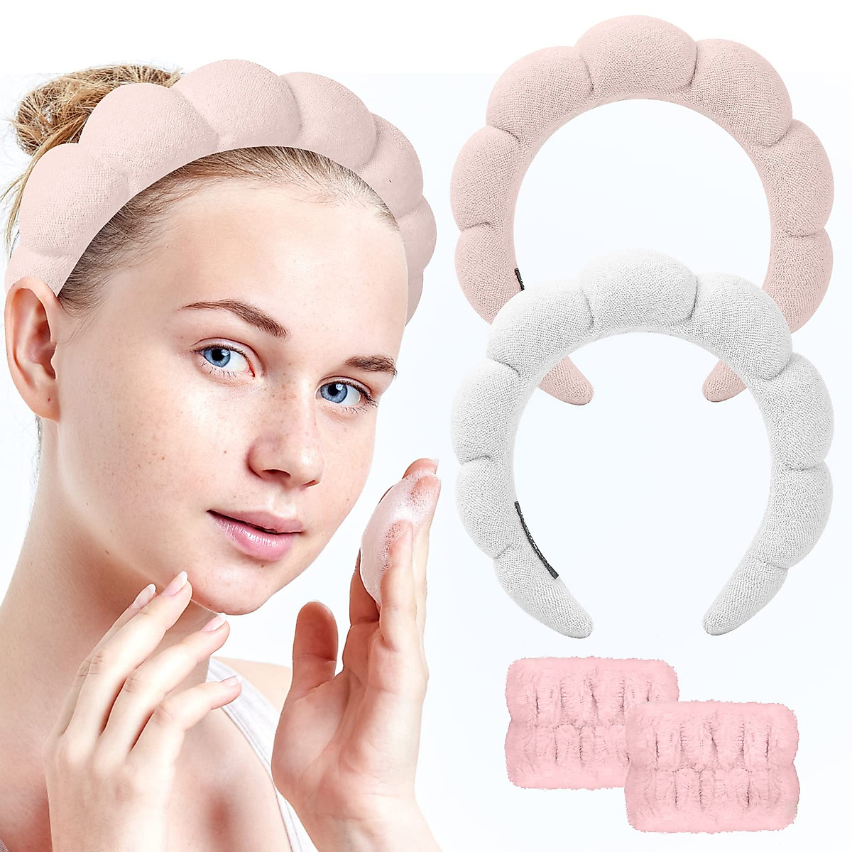 Sponge Spa Headband for Women, Spa Terry Towel Cloth Fabric Head Band with 2PCS Wrist Washband, Soft & Absorbent Material Hair Accessories for Face Washing Shower Skincare Makeup Removal Facial Mask (Pink,White)