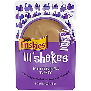 Purina Friskies Wet Pureed Cat Food Topper, Lil' Shakes With Flavorful Turkey Lickable Cat Treats - (Pack of 16) 1.55 oz. Pouches