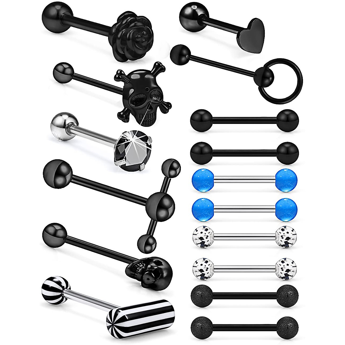 Prjndjw 14G Tongue Rings Surgical steel tongue piercing jewelry 5/8 inch 16mm Skull Heart Flower T Shape Koosh Spiky Silicone Soft Spike Ball Door Knocker Tongue Ring Body Piercing Jewelry Retainer