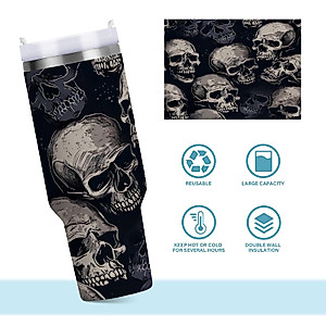 Nesatuwa 40 oz Gray Skull Tumbler with Handle and Straw Lid,Reusable Stainless Steel Vacuum Insulated Tumbler Leakproof Travel Coffee Mug for Iced and Hot Beverages