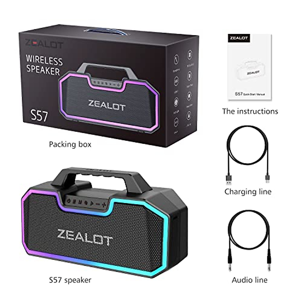 ZEALOT Bluetooth Speakers, 80W Speakers Bluetooth Wireless with Dual Paring,IPX7 Waterproof Speaker with 14,400MAh Big Battery,50H Playtime,Stereo,Party, Beach Portable Speaker,Black