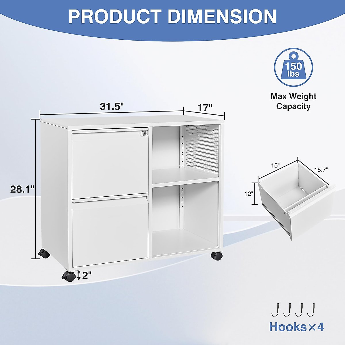 LISSIMO Metal File Cabinet,Lockable Lateral Filing Cabinet for Letter/A4 Size Files,Rolling Printer Stand with Adjustable Shelf & Lockable Wheelss for Home Office(White)