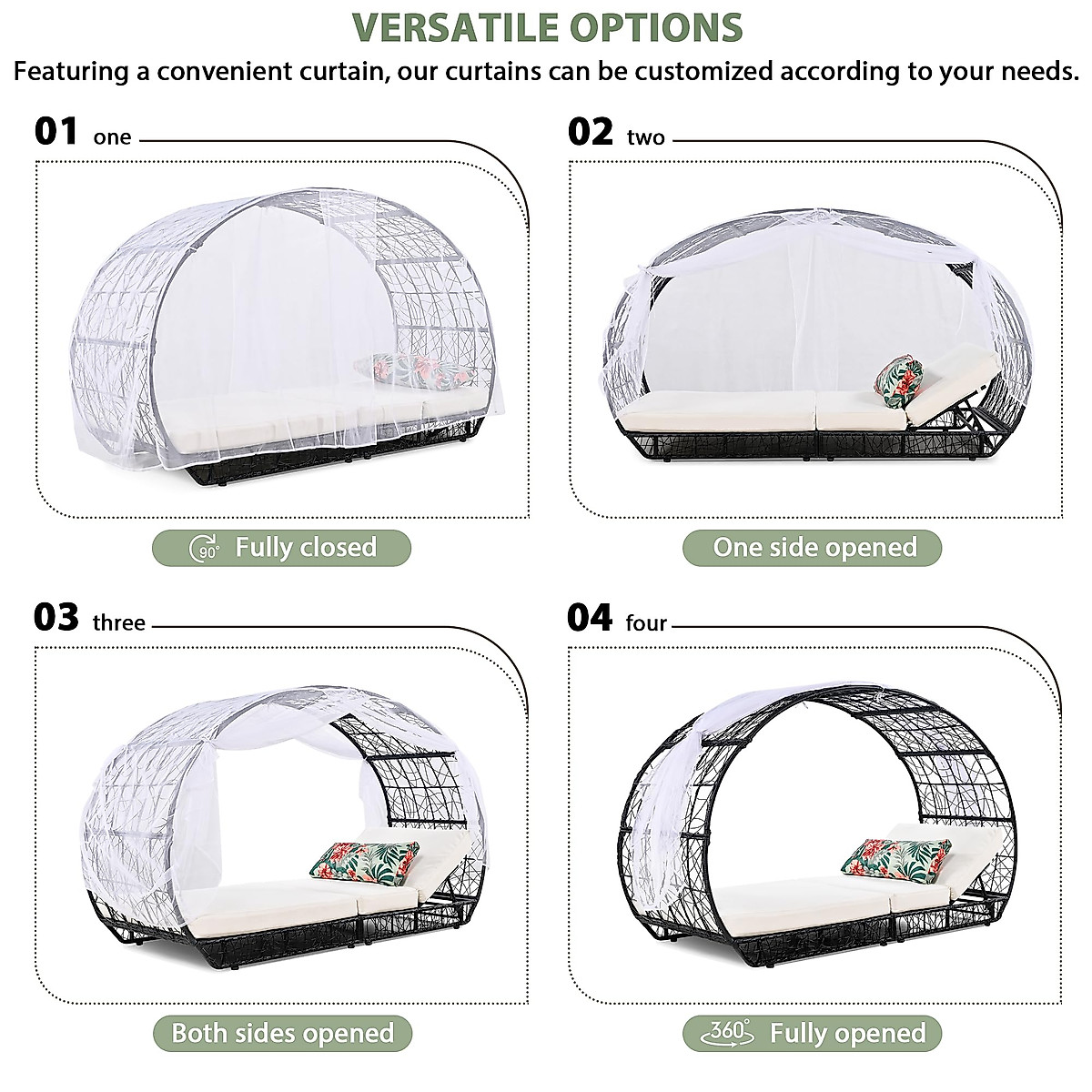 LUMISOL Outdoor Patio Daybed with Curtain, Sunbed with Cushion and Colorful Pillow, 90.55" Wicker Lounge Chairs Backrest Adjustable Recliners for Lawn Garden Poolside, Beige Cushion and Black Wicker