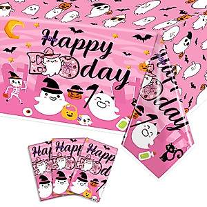 LARRAZABAL 3Pcs Happy Boo Day Tablecloth, Pink Halloween Plastic Tablecloth Disposable Ghost Theme Table Cover for Halloween Birthday Party Supplies, 54 x 108 Inch