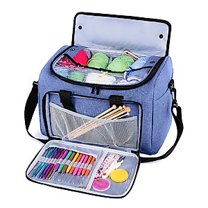 Teamoy Knitting Bag with Inner Detachable Divider, Yarn Storage Crochet Bag for Unfinished Projects, Crochet Hooks and Other Accessories, Dark Blue