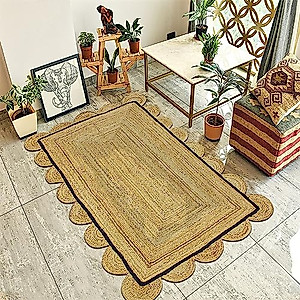 Casavani Scalloped Collection Rectangular Area Trend Rug - 4' x 6', Beige and Yellow, Braided Jute Rug With Scallop Design Ideal for High Traffic Areas in Entryway, Living Room, Bedroom