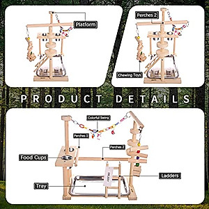 QBLEEV Parrot Playstand Bird Play Stand Cockatiel Playground Wood Perch Gym Playpen Ladder with Feeder Cups Toys Exercise Play (Include a Tray) (16" L*10" W*15" H)
