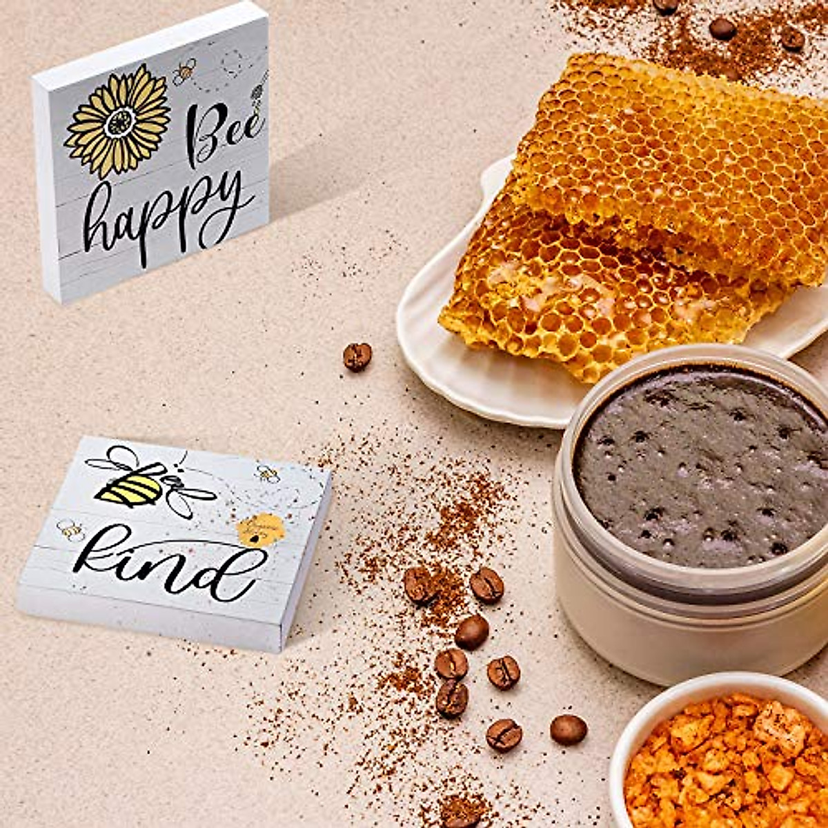 Jetec 2 Pieces Bee Happy Sign Decor Summer Wood Block Plaque Buzz Kind Sign Small Talk Table Door Decor, Farmhouse Wreath Attachment for Home Office Decoration