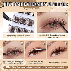 Lash Extension Kit Brown Lash Clusters with Brown Bond and Seal DIY Eyelash Extension Kit Natural Look 8-16mm Lash Clusters Kit DIY at Home by Yawamica