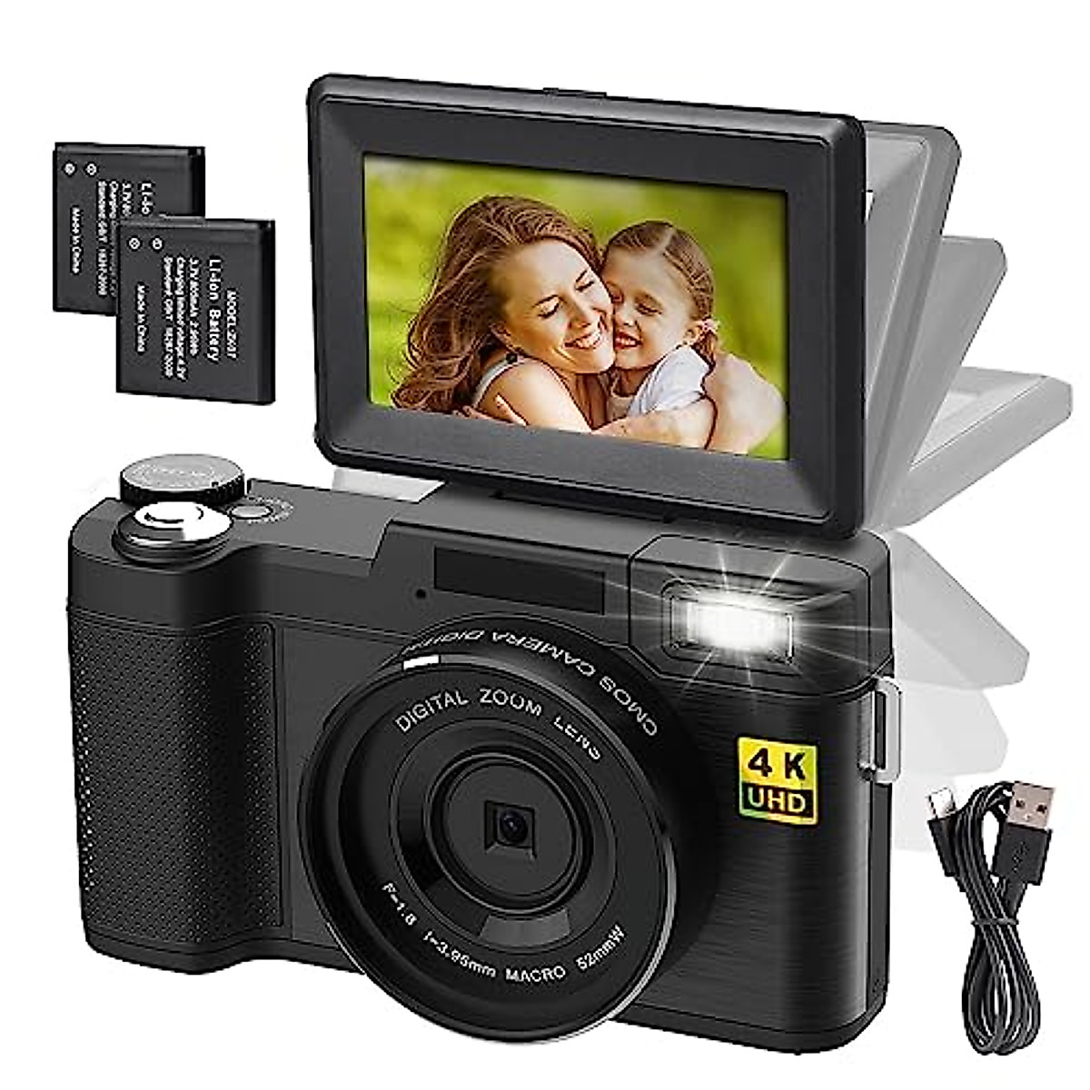 Kmnuiey Camera, 4K Digital Camera for Photography with 3'' 180°Flip Screen, Autofocus 48MP Video Cameras for YouTube with 16X Digital Zoom, 2 Batteries and Charging Cable for Travel