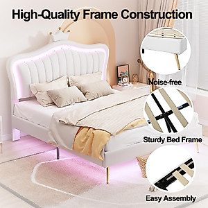 P PURLOVE Cute Princess Bed with LED Lights for Kids,Queen Size Platform Bed with Crown Headboard,Platform Bed Frame with Wood Slats for Girls,Kids,Teens