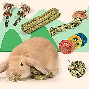 FIPASEN Rabbit Chew Toys for Teeth, 16PCS Natural Timothy Hay Chew Toy, Improve Dental Health for Bunny/Chinchilla/Guinea Pig/Hamsters/Holland Lop, Small Rodent Pet Molar Teeth Treats Toys