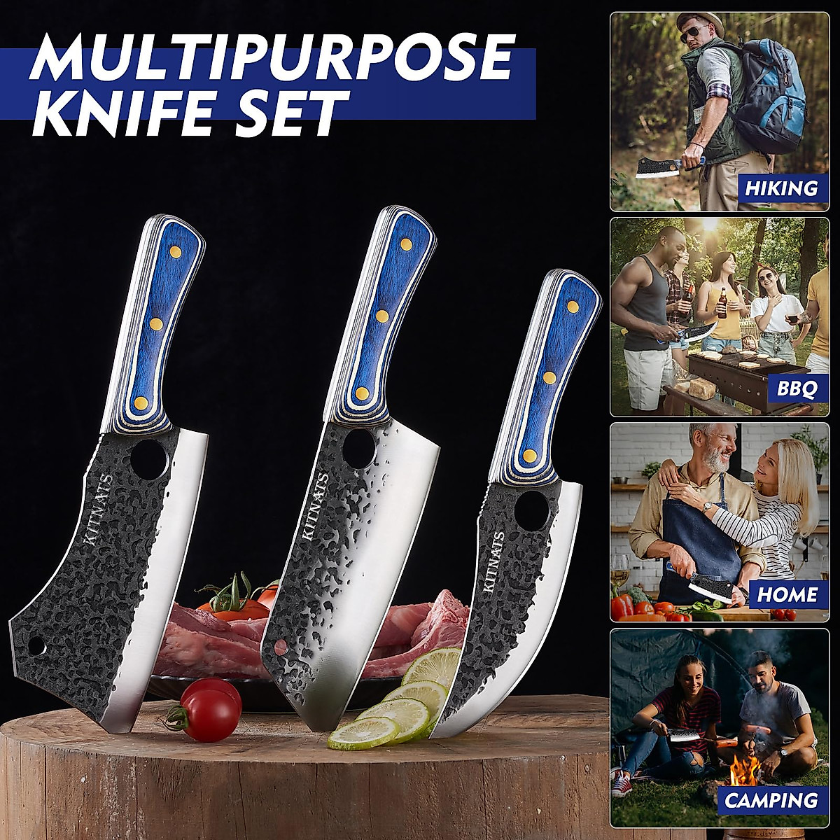 3PCS Butcher Knife Set, Hand Forged kitchen Knife Set-Heavy Duty Bone Chopper Knife & Meat Cleaver Knife & Viking Knife, Chef Knife Set for Home, Outdoor Cooking, Camping BBQ