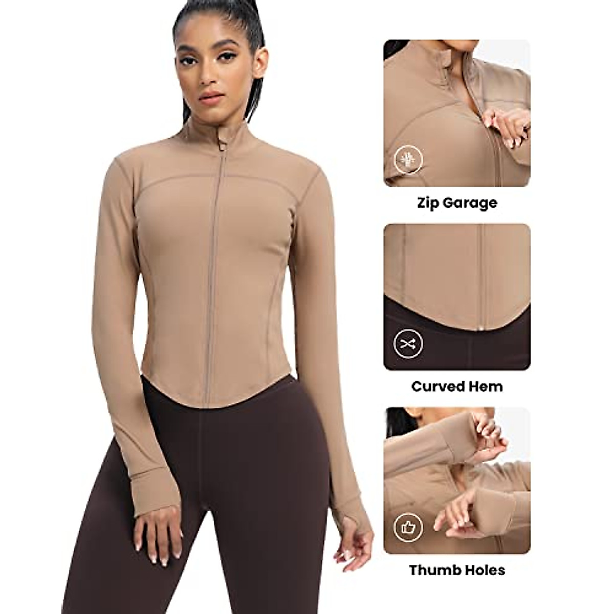 AVGO Women's Cropped Running Workout Jackets Zip Slim Fit Athletic Tops with Thumb Holes(Cream Coffee, S)