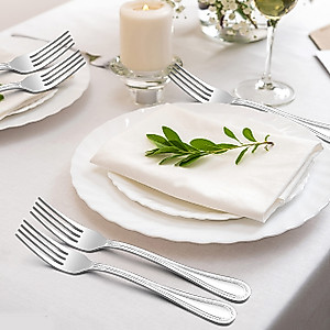 Forks Set of 12, E-far Stainless Steel Dinner Forks Silverware with Pearled Edge for Home/Kitchen/Restaurant, Mirror Polished & Dishwasher safe-7.9 Inches