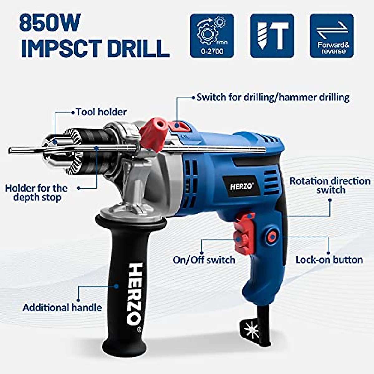 Hammer Drill HERZO Corded Impact Drill 7 Amp 1/2 Inch 2700 RPM,360° Rotatable Handle for Wood,Plastic,Steel