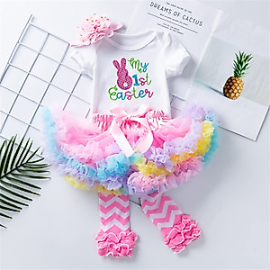 My First Easter Outfits Baby Girl Short Sleeve Rabbit Romper+Tutu Skirt+Headband+Leg Warmers Clothes Set (Pink, 0-3 Months)