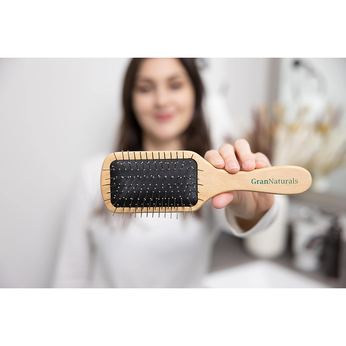 GranNaturals Metal Pin Bristle Hair Brush - Detangling, Anti-Static Paddle Grooming Tool - Rounded Steel Bristles, Ergonomic Wooden Handle - Scalp Massaging Comb - For Normal, Curly, Thick Hair, Wigs