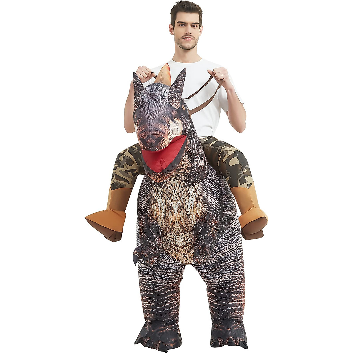 GOOSH Inflatable Dinosaur Costume Riding stegosaurus for Adult Halloween Costume Women Man 72IN Funny Blow up Costume for Halloween Party Cosplay