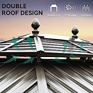 YITAHOME 10x12ft Hardtop Gazebo with Nettings and Curtains, Heavy Duty Double Roof Galvanized Steel Outdoor Combined of Horizontal Vertical Stripes Roof for Patio, Backyard, Deck, Lawn (Bronze)