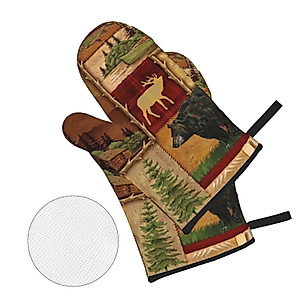 Msacrh Lodge Style Northwoods Cabin Oven Mitts and Pot Holders Sets of 4,Cotton Lining with Non-Slip Hot Pads,Heat Resistant Oven Gloves for Kitchen,Cooking,Baking,Grilling