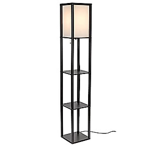 Catalina Lighting 17559-011 Modern Faux Wood Floor Lamp with Shelves and Ivory Linen Shade, 63", Classic Black