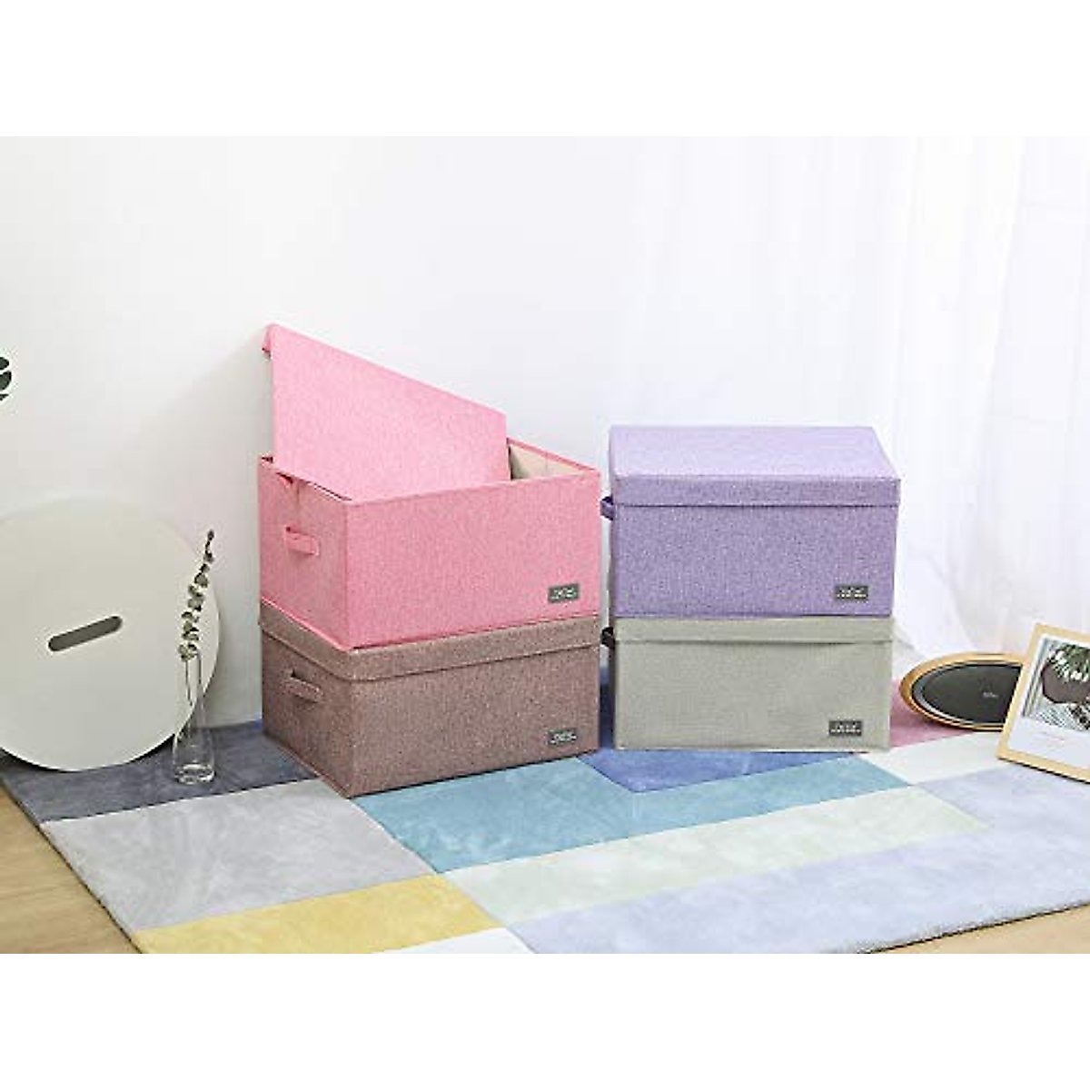 YueYue Foldable Storage Large Clothes Box Fabric，Box Fabric Bin Cube Basket With Lid，Collapsible Boxes Fabric Storage Bins Organizer Cubes Containers With Covers (17.7"/13.8"/9.8") (Pink) 2 Pack