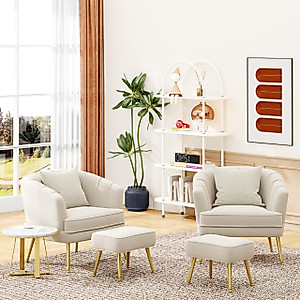 SHINEBOOM Velvet Accent Chairs with Ottoman for Living Room Bedroom Office Leisure Upholstered Single Sofa Chair Arm Chair Comfy Chair Reading Club Coffee Chair with Metal Legs, Beige