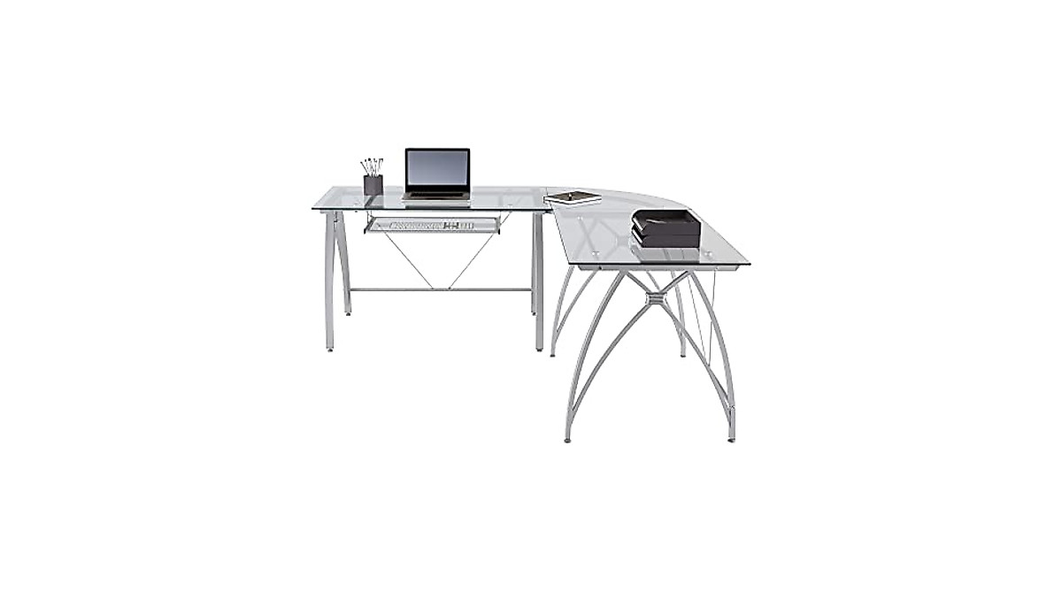 Realspace Vista L-Shape Glass Desk - Modern Silver Design