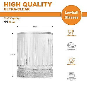 LUXU Lowball Glasses Set of 4,Old Fashioned Heavy Base Glassware For Whiskey and Alcohol Drinks,Rock Style Tumbler for Water/Juice and Milk,Cocktail Cups For Mixed Drinks(11oz)