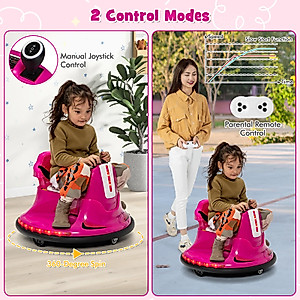 Costzon 12V Kids Ride On Bumper Car, Electric Bumper Car w/Dual Joysticks, Remote Control, 360° Spin, Slow Start Function, LED Lights & Fun Music, Adjustable Safety Belt, Soft Bumper (Pink)