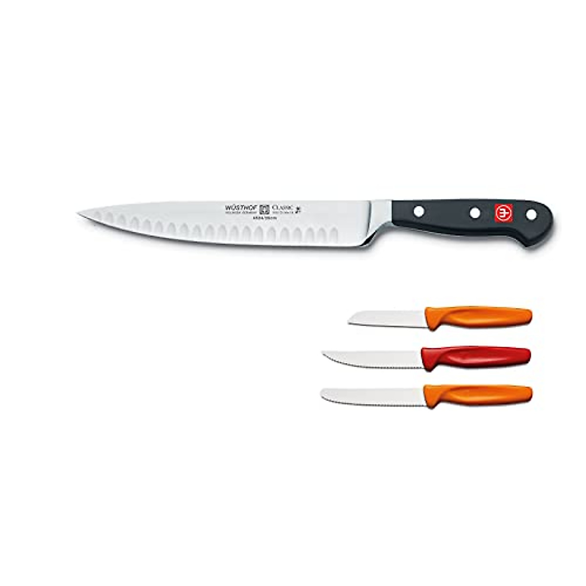 Wüsthof Classic Hollow Edge Carving Knife, 8-Inch, with Bonus Paring Knives, Black, (8854)