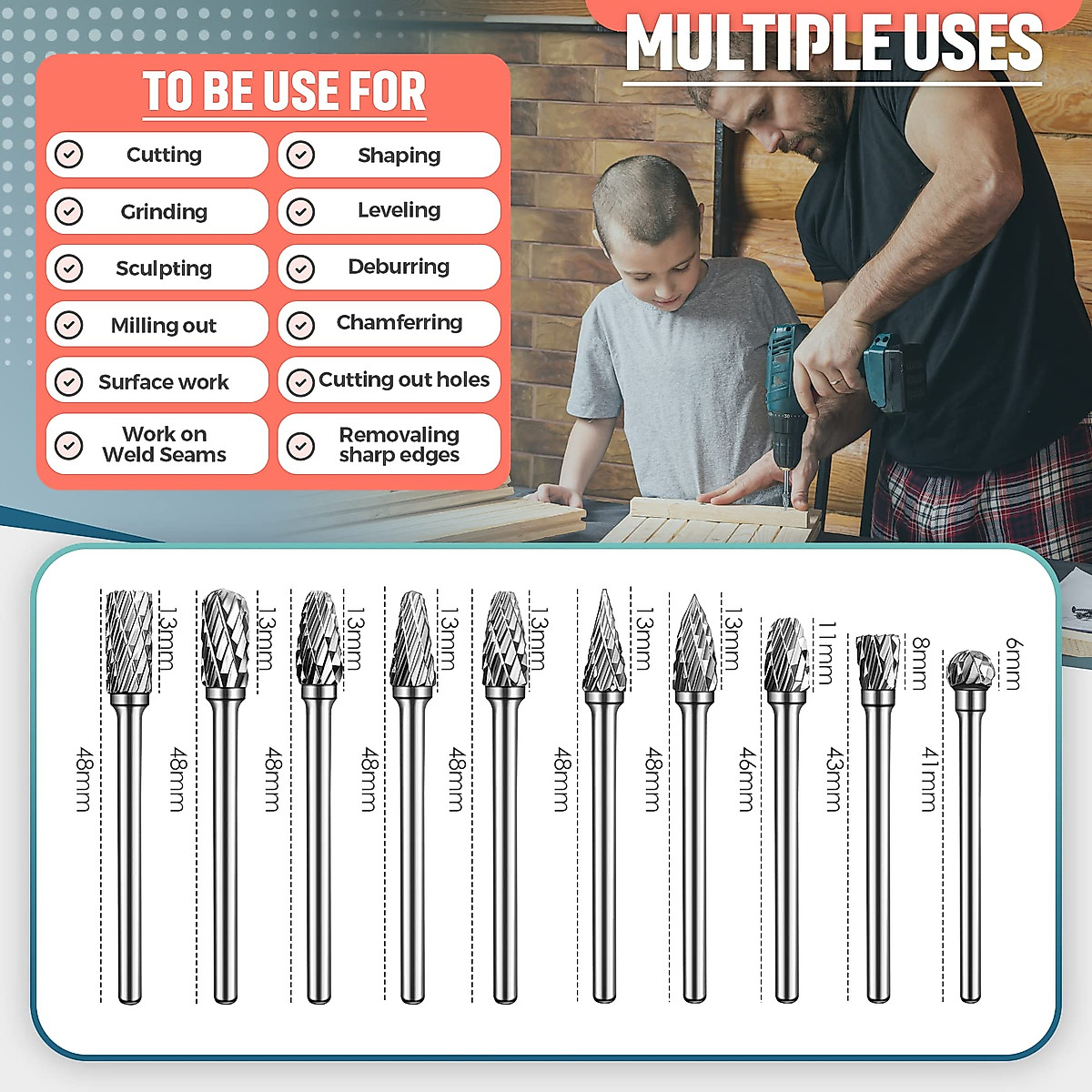 WHISTECK Carbide Rotary Burr Set - 10pcs Double Cut Tungsten Steel Die Grinder Bits, 1/8" Shank and 1/4" Head Length for Woodworking, Drilling, Metal Craving, Engraving, Polishing