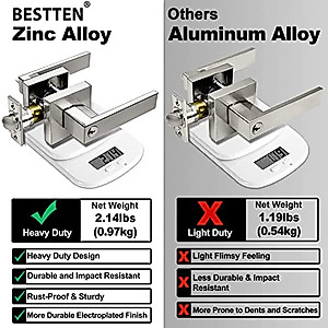 BESTTEN Satin Nickel Entry Door Lever, Heavy Duty Square Entrance Door Handle, Exterior Door Lock for Front Door