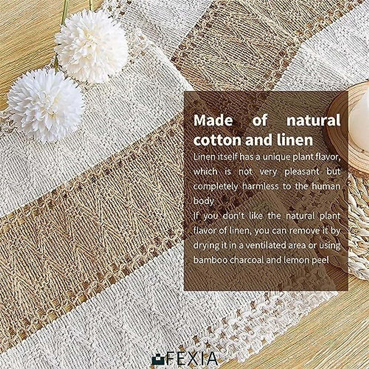 FEXIA Boho Table Runner for Home Decor 72 Inches Long Farmhouse Rustic Table Runner Cream & Brown Macrame Table Runner with Tassels for Boho Dining Bedroom Decor Rustic Bridal Shower (12x72 Inches)