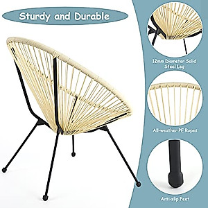 LIFERUN Acapulco Chair,Balcony Furniture,Balcony Set,Outdoor Bistro Set,Glass Tabletop, Rattan Woven Rope,3 Piece Patio Set-Beige
