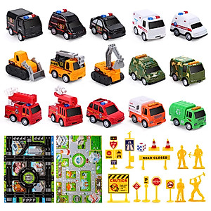Car Toys with Play Mat, Toy Cars for Boys,Car Toys for Toddlers,Pull Back Cars Include Construction Vehicles, Fire Vehicles, etc.10 Road Signs 4 Dolls,Vehicle Toy Set for Kids.