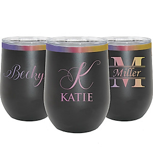 Custom Engraved Insulated Stemless Wine Tumbler Cup - Personalized Bridesmaid Beach Pool Girls Fun - Monogrammed (Black with Prism)