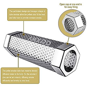 AMXRD Smoke Tube, Premium 6 inch 304 Stainless Steel BBQ Wood Pellet Smoker Tube with Cleaning Brush for All Grills or Smoker, Dishwasher Safe