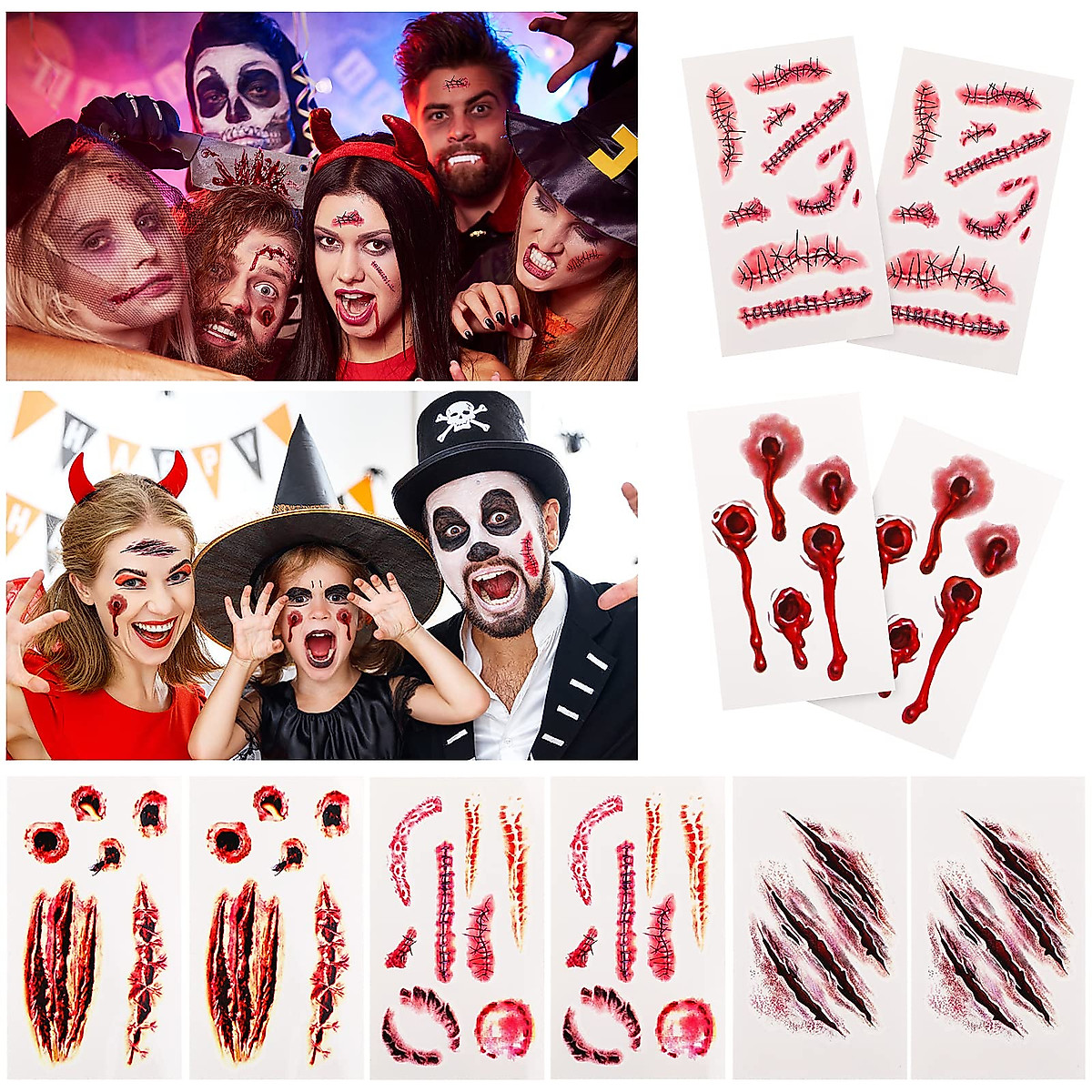 Sibba Fake Blood Temporary Tattoo Body Art Skin Stickers 10 Pieces Horror Realistic Bloody Wound Scar Scab Bruise Easter Halloween Cosplay Party Makeup Kit
