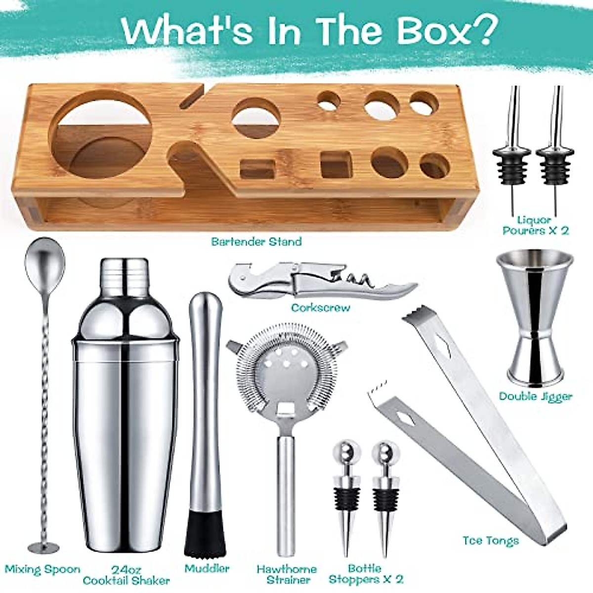 Bartender Kit,Cocktail Shaker Set,Bar Mixing Set with 24oz Stainless Steel and Bamboo Stand, Bar Set with Recipe by Bournis