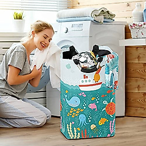 Rabbit Hare on Ship Dolphin Sea Turtle Fishes Octopus Turquoise Ocean Laundry Hamper Basket Bucket, Foldable Dirty Clothes Bag, Waterproof Fabric Washing Bin, Toy Storage with Handles for Bathroom
